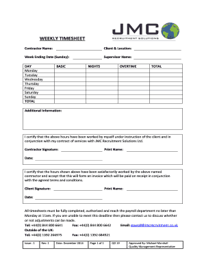 Fillable Online weekly timesheet - JMC Group Fax Email Print - pdfFiller