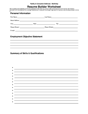 Fillable Online Resume Builder Worksheet Fax Email Print - pdfFiller