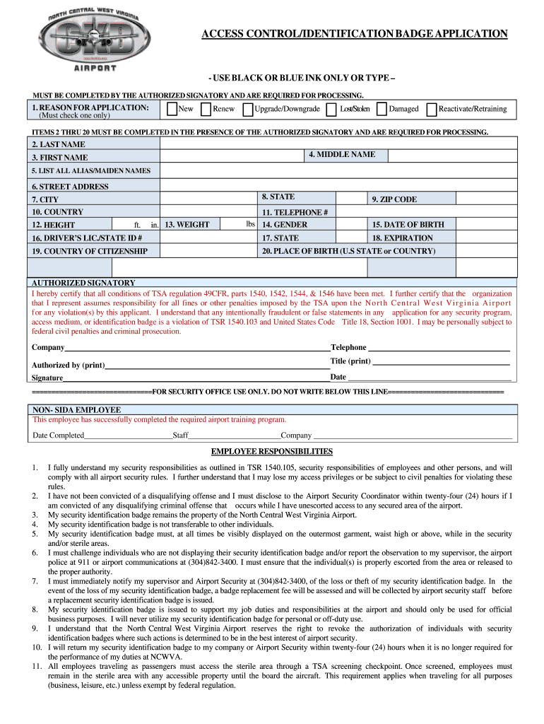 Fillable Online access control/identification badge application - North ...
