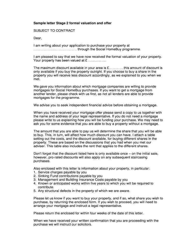 Fillable Online Sample letter Stage 2 formal valuation and offer ...
