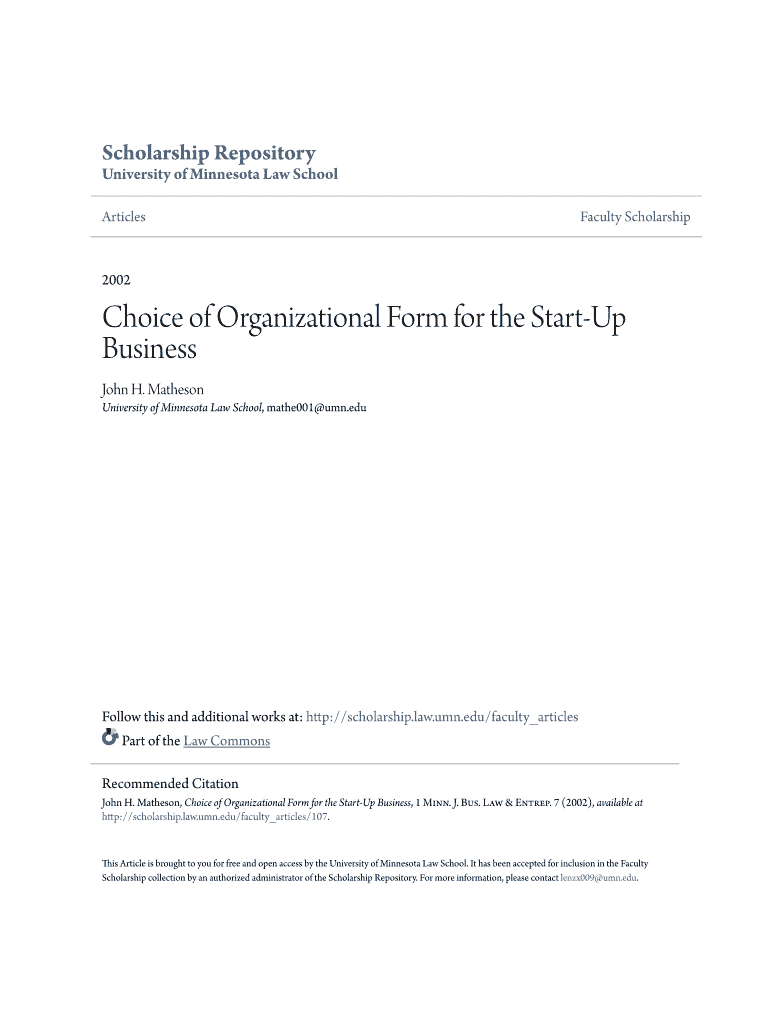 Fillable Online Choice of Organizational Form for the Start-Up Fax ...