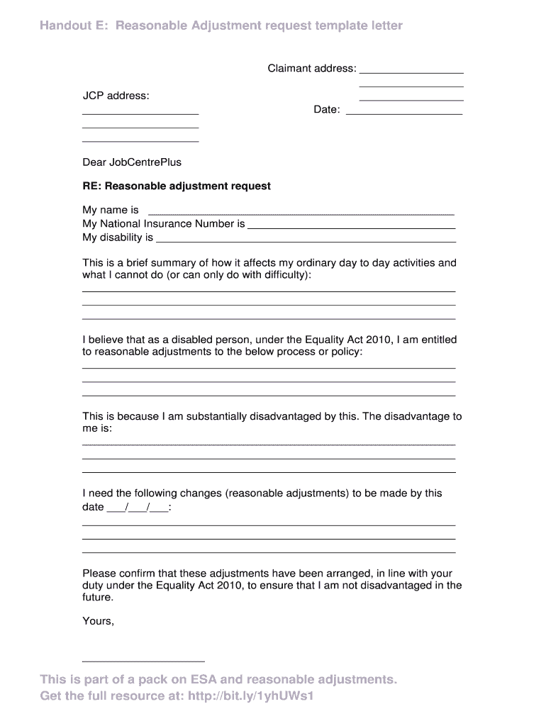 Fillable Online Handout E: Reasonable Adjustment request ... - Citizens ...
