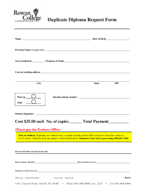 Fillable Online Duplicate Diploma Request Form - Rowan College at ...