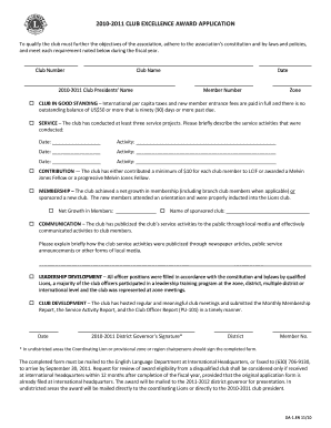 Fillable Online lions306b2 DA-1 Club Excellence Award REVISED 11-10 ...