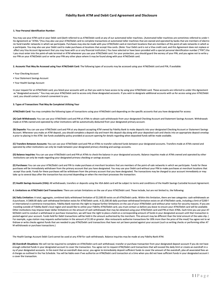 Fillable Online Fidelity Bank ATM and Debit Card Agreement and ...