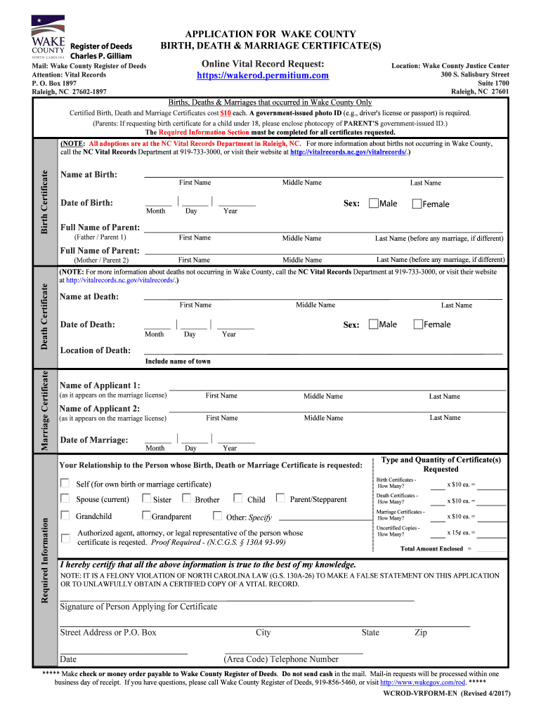 Fillable Online Application for Wake County Birth/Death/Marriage Certificate Fax Email Print ...