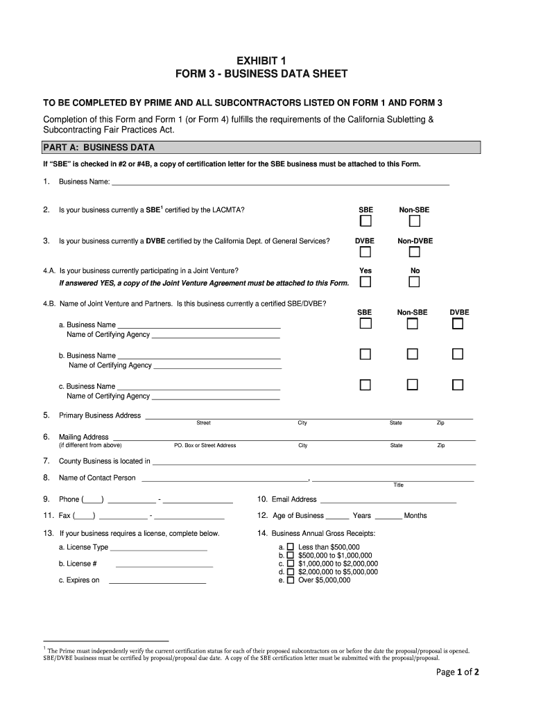 Fillable Online exhibit 1 form 3 - business data sheet - Ebidboard Fax Email Print - pdfFiller