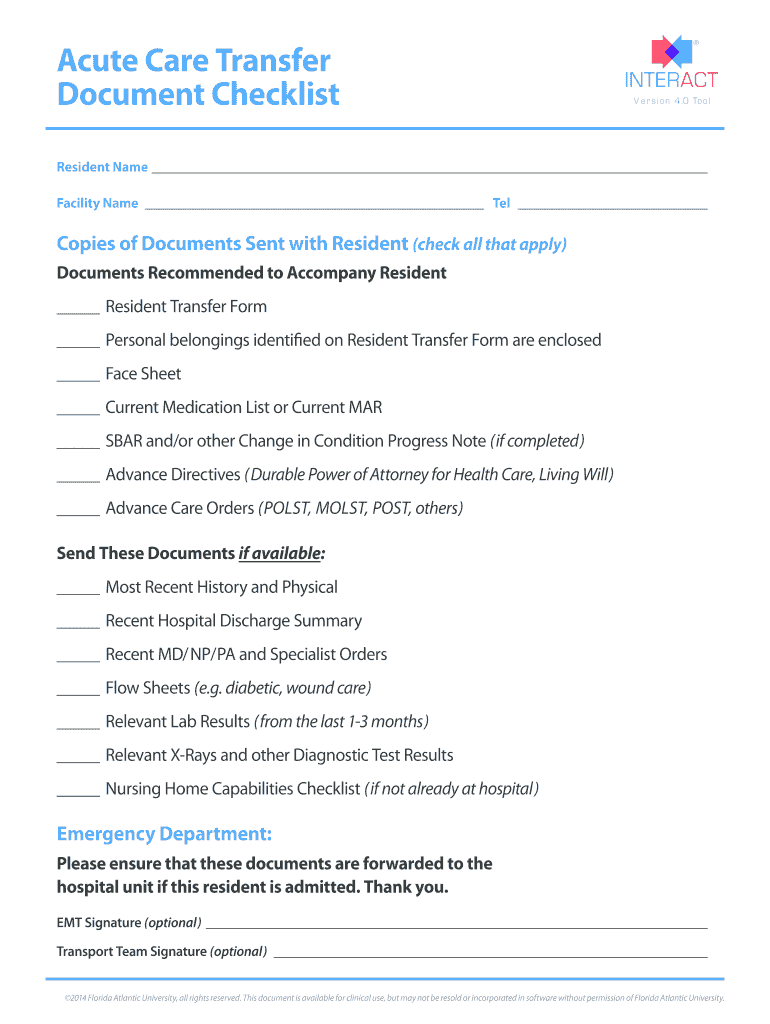 Fillable Online Acute Care Transfer Document Checklist - Interact Fax Email Print - pdfFiller