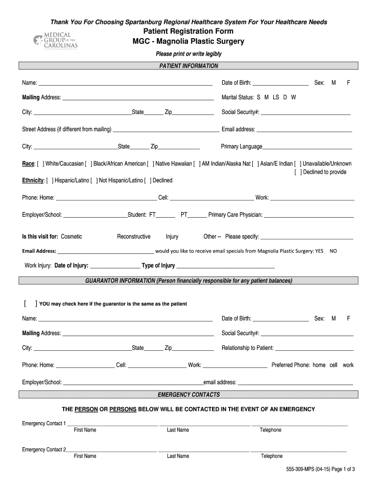Fillable Online Patient Registration Form MGC - Magnolia Plastic Surgery Fax Email Print - pdfFiller