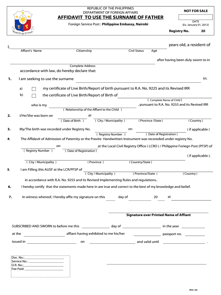 Fillable Online affidavit to use the surname of father - Department of ...