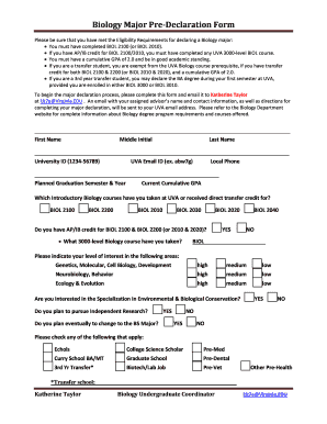 Fillable Online Biology Major Pre-Declaration Form - University of ...