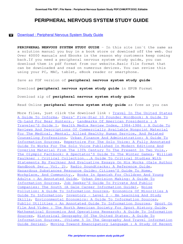 Fillable Online Peripheral Nervous System Study Guide. Peripheral ...