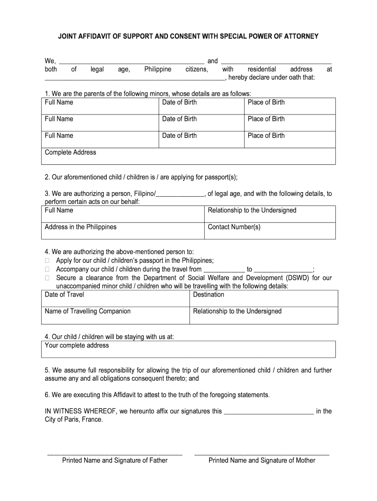 Fillable Online Joint Affidavit of Support and Consent with Special Power of ... Fax Email Print ...