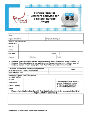 Fillable Online Fitness form for Learners applying for a Netball ...