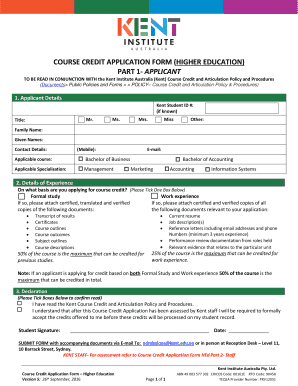 Fillable Online Course Credit Application Form - Kent Institute ...