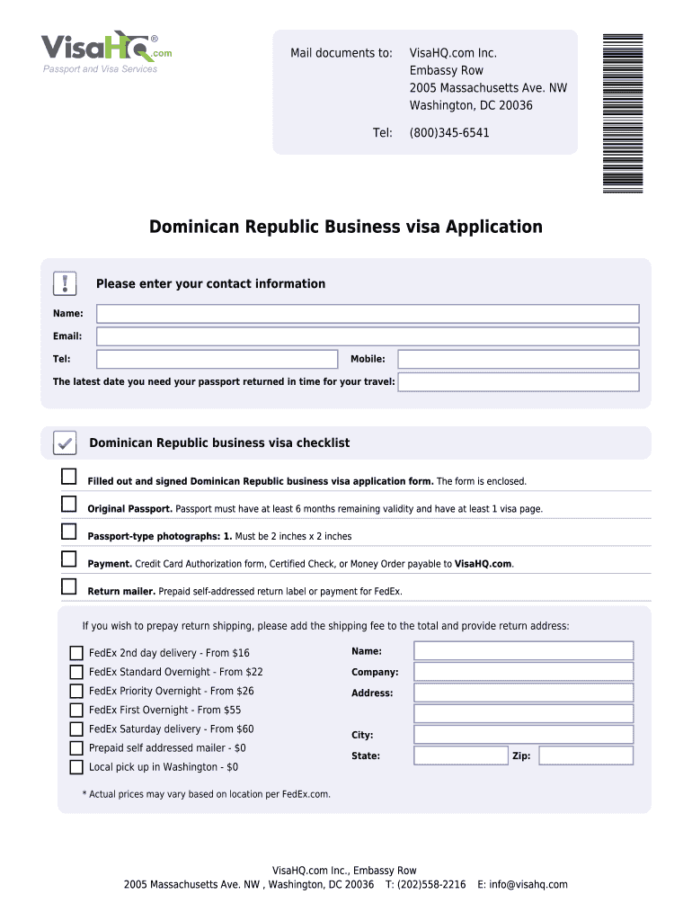 Fillable Online Dominican Republic Business visa Application - VisaHQ ...