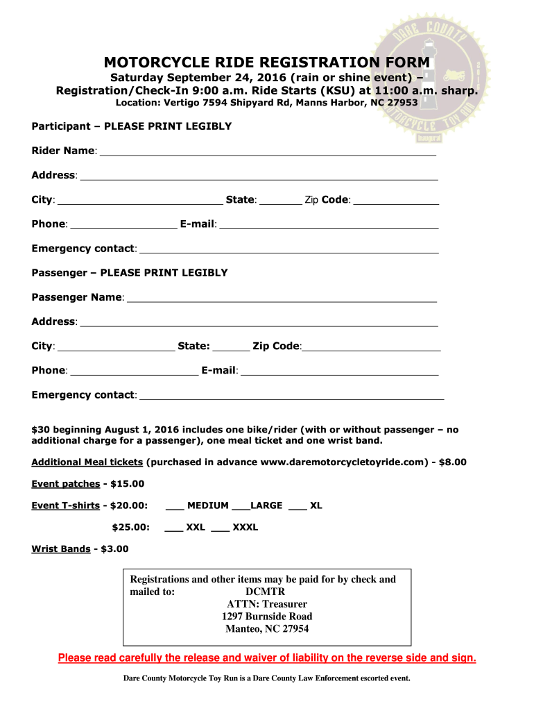 Motorcycle Ride Registration Form Fill Online Printable Fillable 