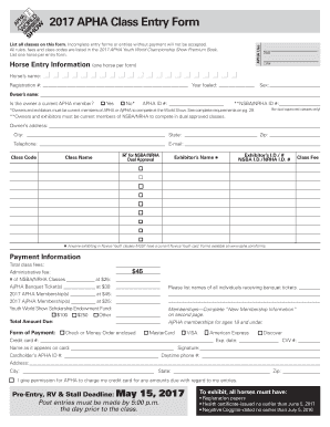 Fillable Online 2017 APHA Class Entry Form Fax Email Print - pdfFiller