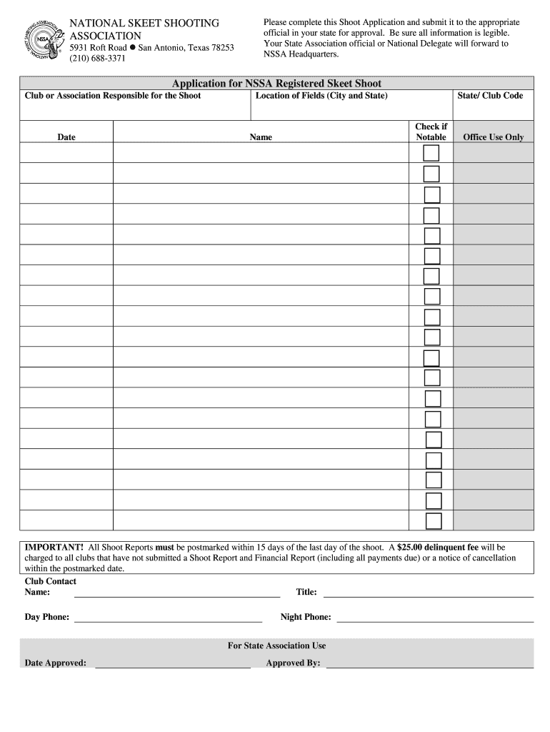 Fillable Online Registered Shoot Application - National Skeet Shooting ...