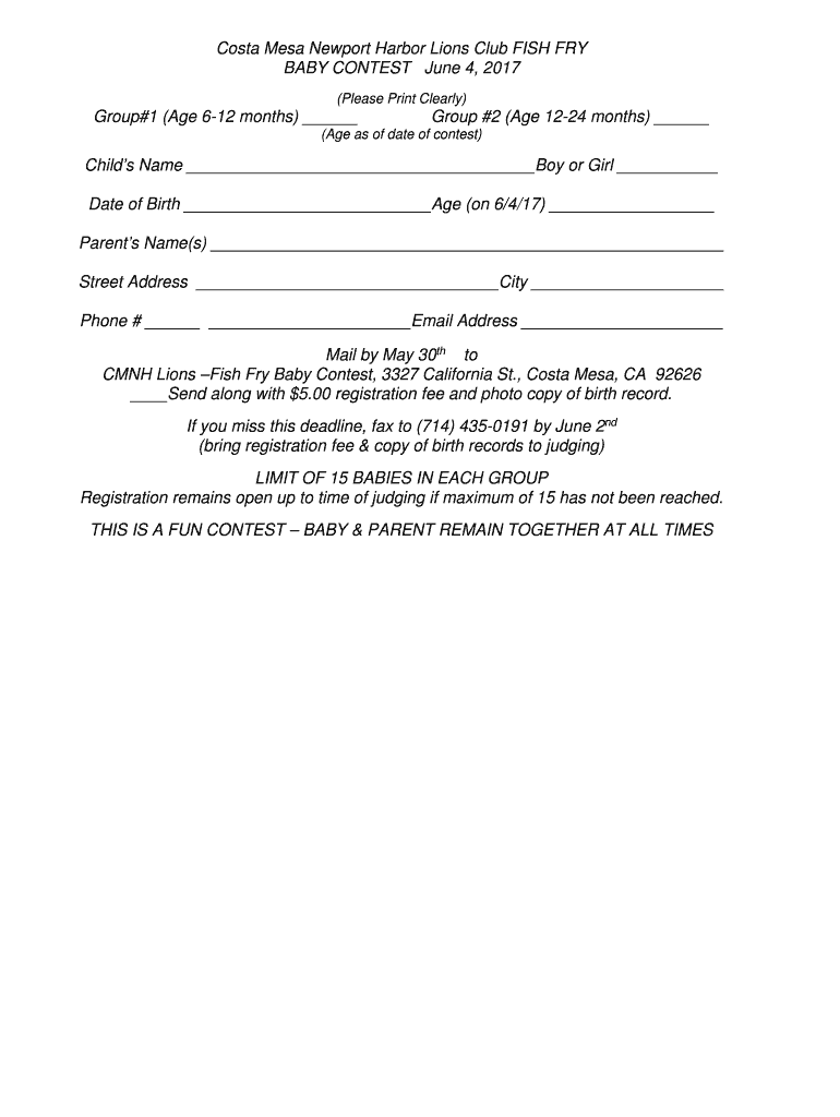 Fillable Online Baby Contest Registration Form - CMNH Lions Club Fax ...