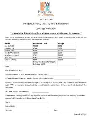 Fillable Online IUD Coverage Worksheet 3.16.17 - Physicians and ...