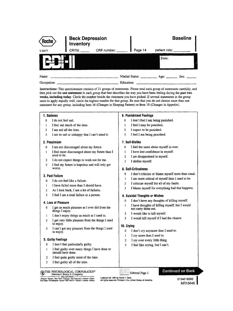 Fillable Online Scoring the Beck Depression Inventory Fax Email Print ...