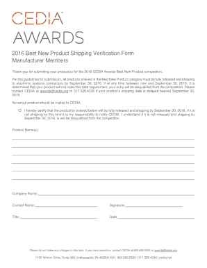 Fillable Online 2016 Best New Product Shipping Verification Form ...