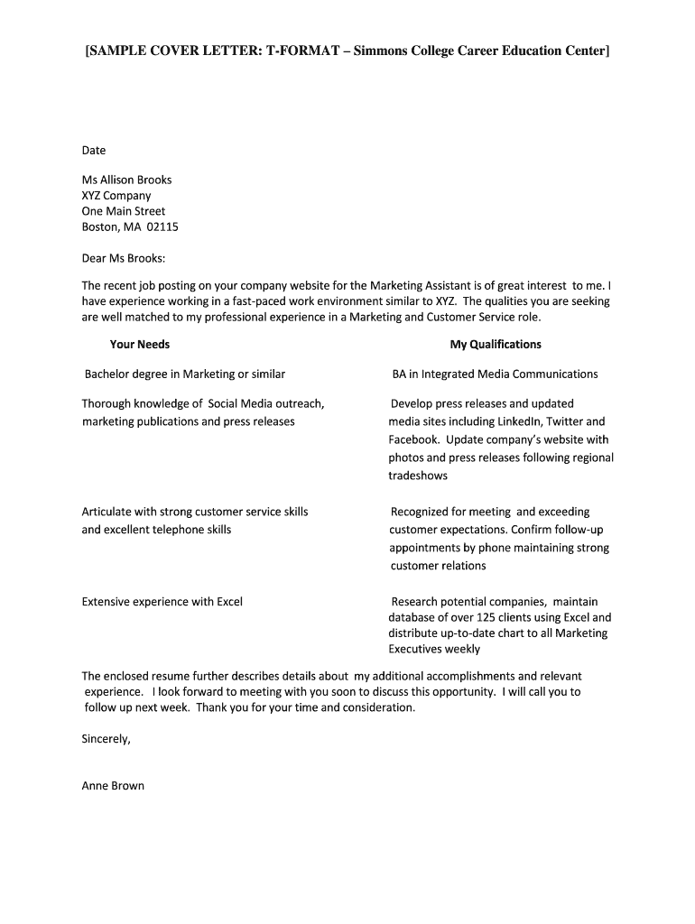 Fillable Online SAMPLE COVER LETTER: T-FORMAT Simmons College Career ...