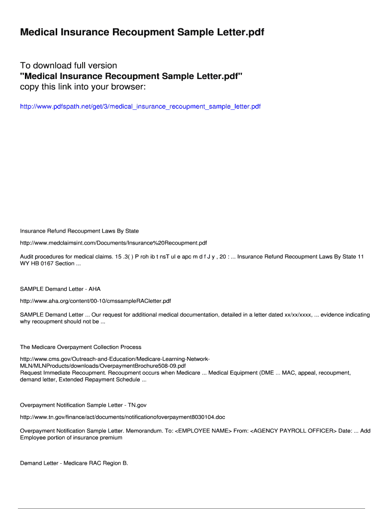 Fillable Online Medical Insurance Recoupment Sample Letter ...