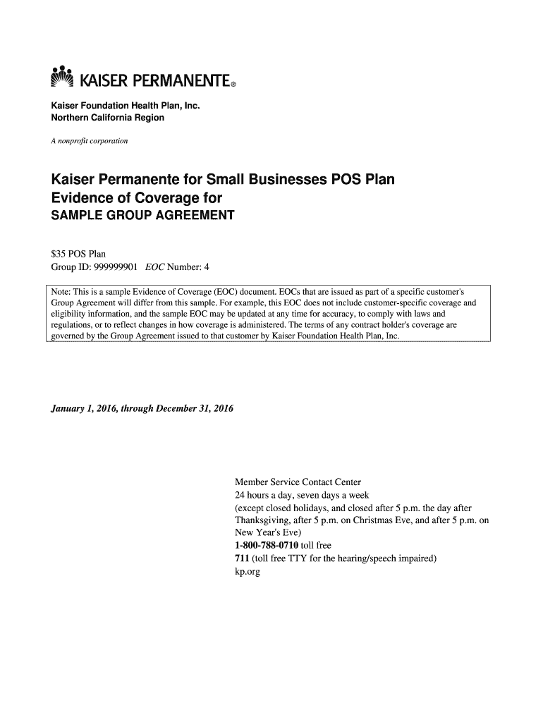 Fillable Online 2016 Sample NCR Small EOC $35 POS Copayment Plan ...