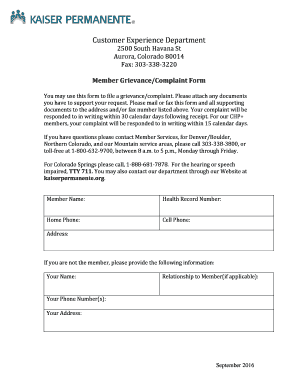 Fillable Online Member Grievance/Complaint Form - Kaiser Permanente Fax ...