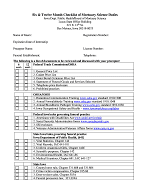 Fillable Online Six & Twelve Month Checklist of Mortuary Science Duties ...