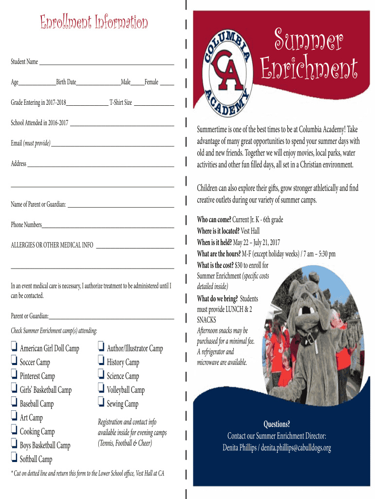 Fillable Online Enrollment Information Summer Student Name Enrichment ... Fax Email Print ...