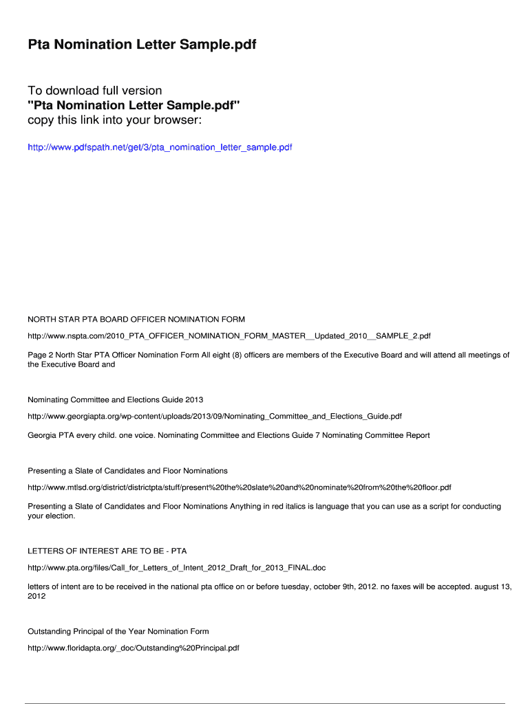 Fillable Online Pta Nomination Letter Sample - pdfslibforyou.com Fax ...