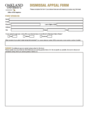 Fillable Online dismissal appeal form - Oakland University Fax Email Print - pdfFiller