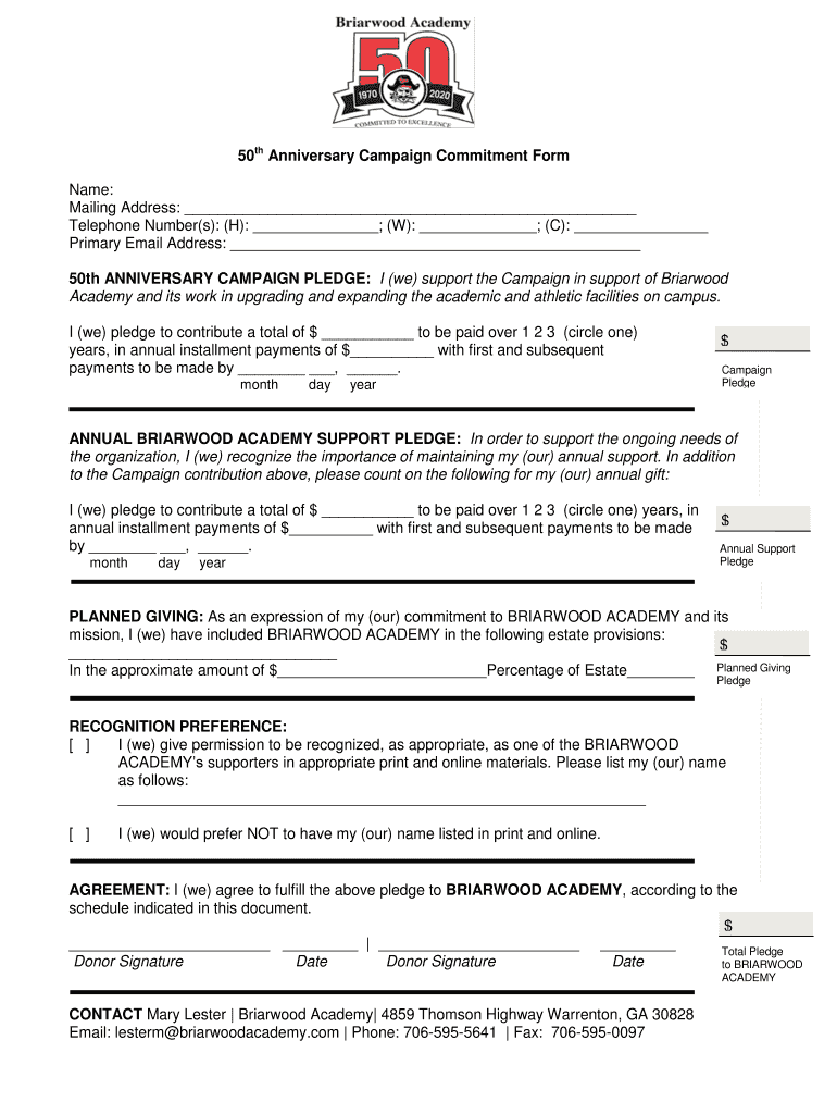 Fillable Online Printable Pledge Form - Briarwood Academy Fax Email ...