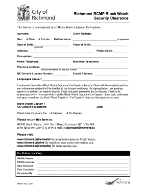 Fillable Online Richmond RCMP Block Watch Security Clearance - City of ...