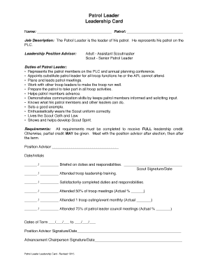 Fillable Online Leadership Card - Patrol Leader - Troop 84 Fax Email ...