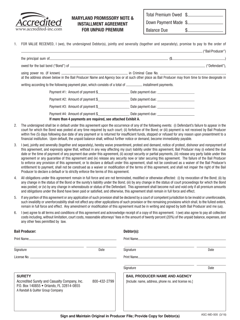 Fillable Online Promissory Note for Unpaid Premium - Accredited Surety ...