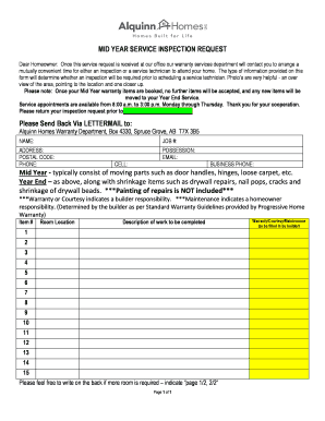 Fillable Online MID YEAR SERVICE INSPECTION REQUEST ... - Alquinn Homes ...