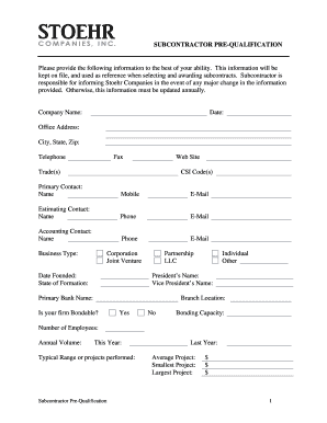 Fillable Online SUBCONTRACTOR PRE-QUALIFICATION Please provide the ...