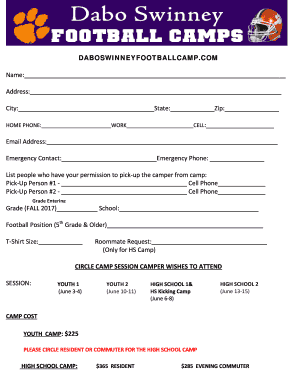Fillable Online Download Registration Form - Dabo Swinney Football Camp ...