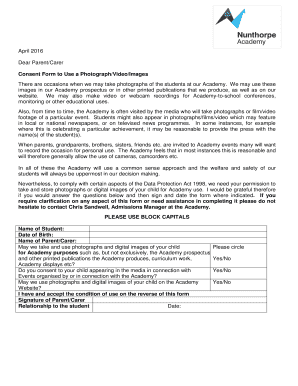 Fillable Online April 2016 Dear Parent/Carer Consent Form to Use a ...