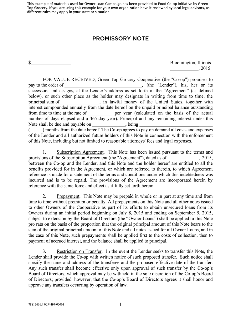 Fillable Online Promissory Note form pdf - Food Co-op Initiative Fax ...