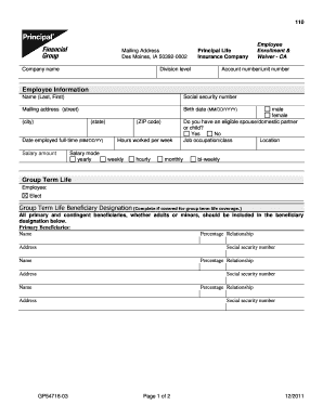 Fillable Online Employee Principal Life Enrollment & Insurance Company ...