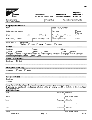 Fillable Online Employee Principal Life Enrollment & Insurance Company ...