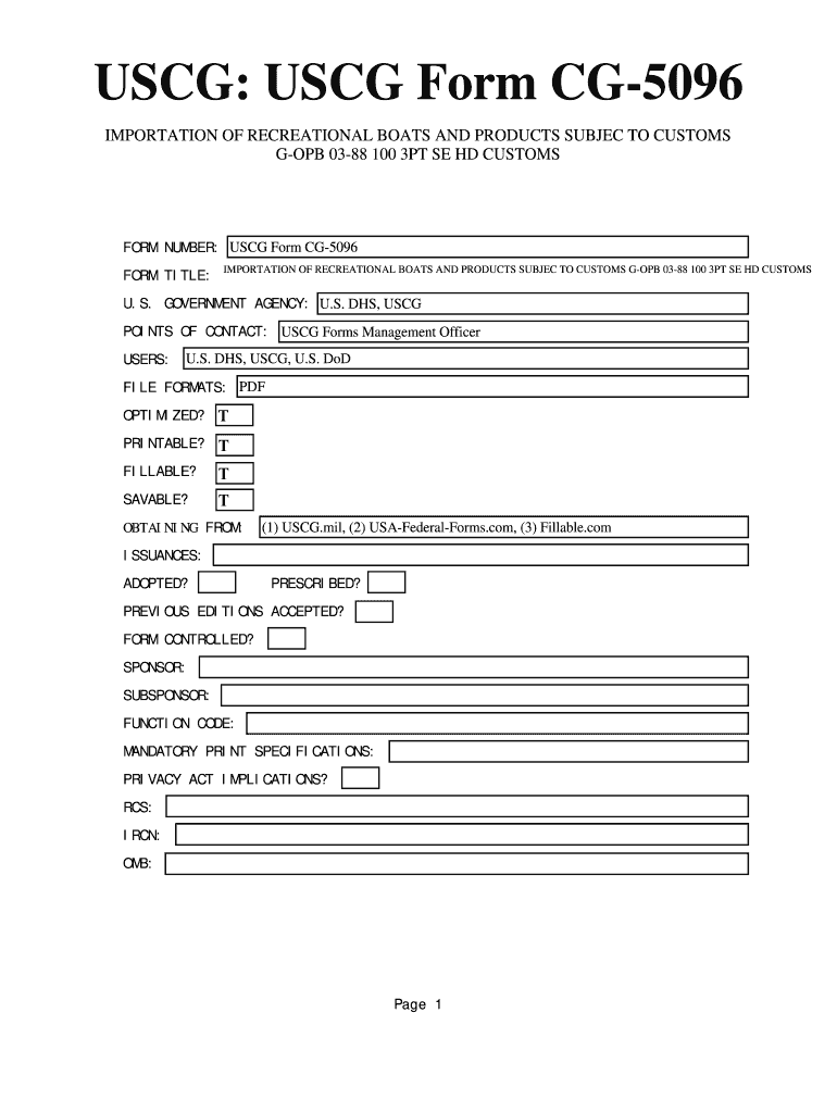 Fillable Online USCG Form CG-5096. IMPORTATION OF RECREATIONAL BOATS ...