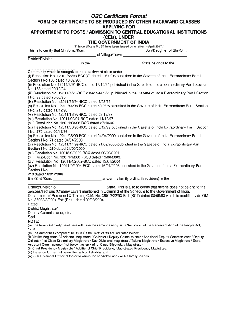 Fillable Online OBC Certificate Format FORM OF CERTIFICATE TO BE ...