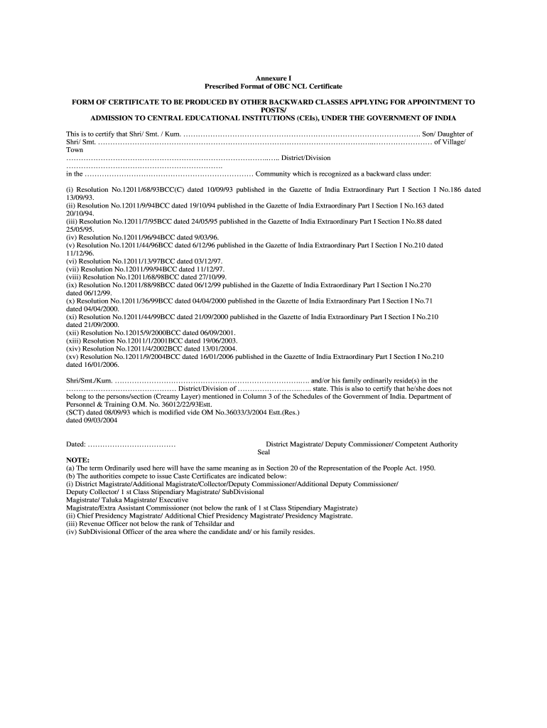 2015 Form India OBC NCL Fill Online Printable Fillable Blank PdfFiller