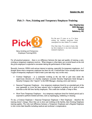Fillable Online Pick 3 New, Existing and Temporary Employee Training ...
